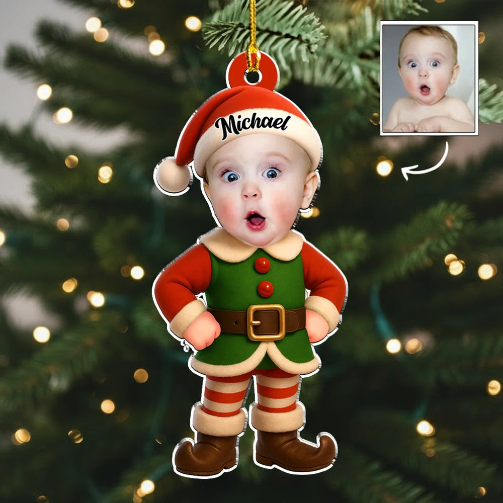 Acrylic Ornament - Personalized Little Elf with Surprised Face, Christ ...