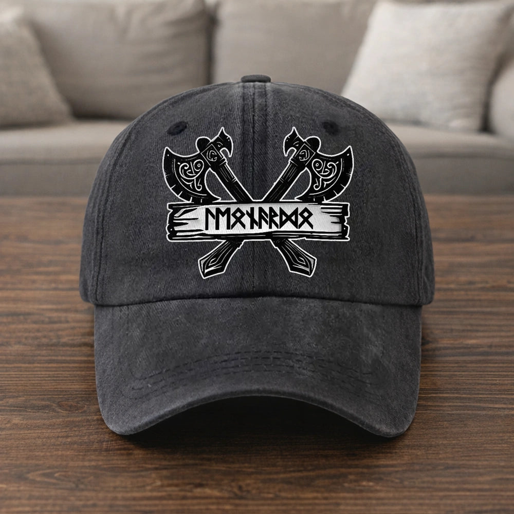 Washed Denim Baseball Cap with Crossed Viking Axes Rune Style, Persona ...