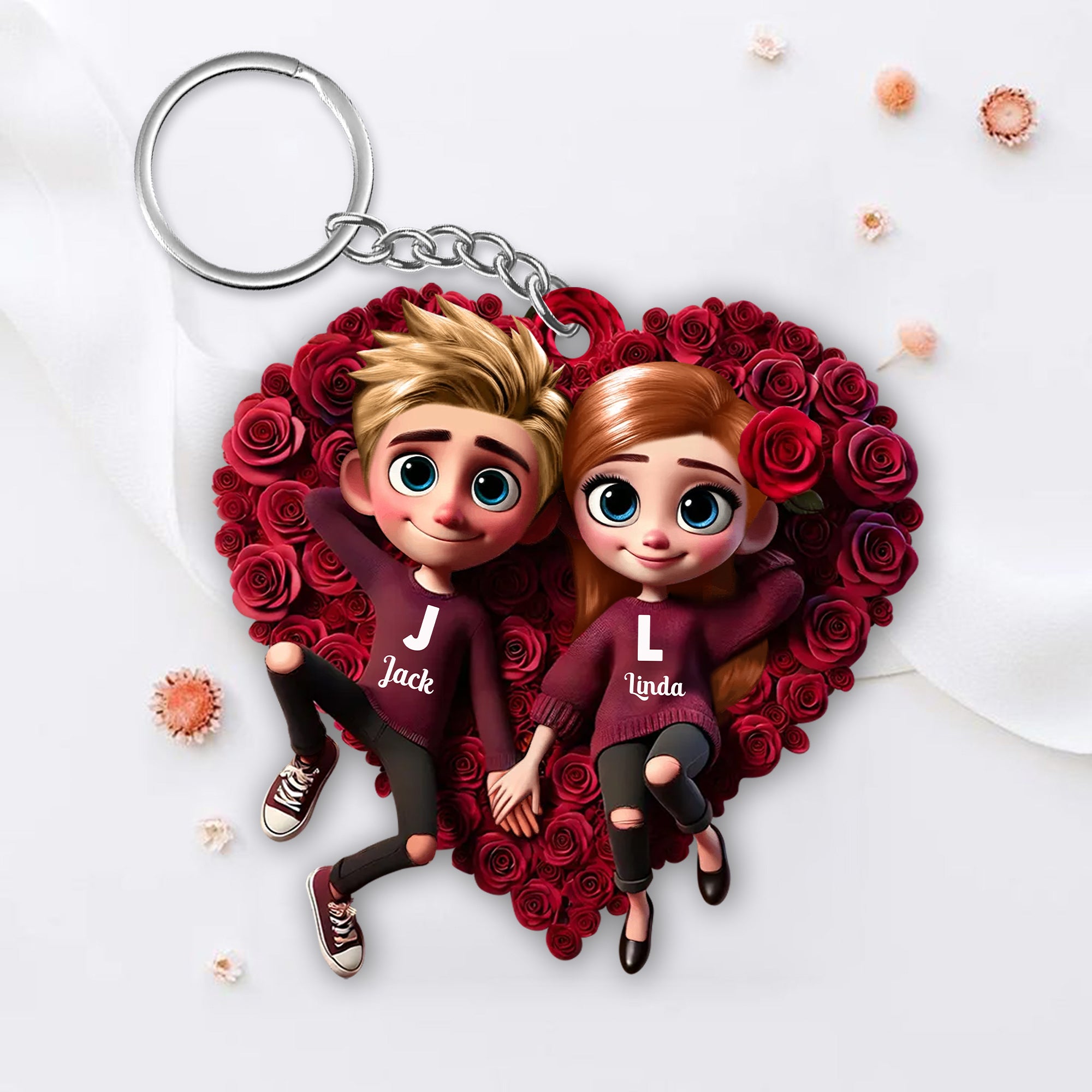 Romantic Rose Heart Couple Keychain - Personalized Valentine's Day Gif ...