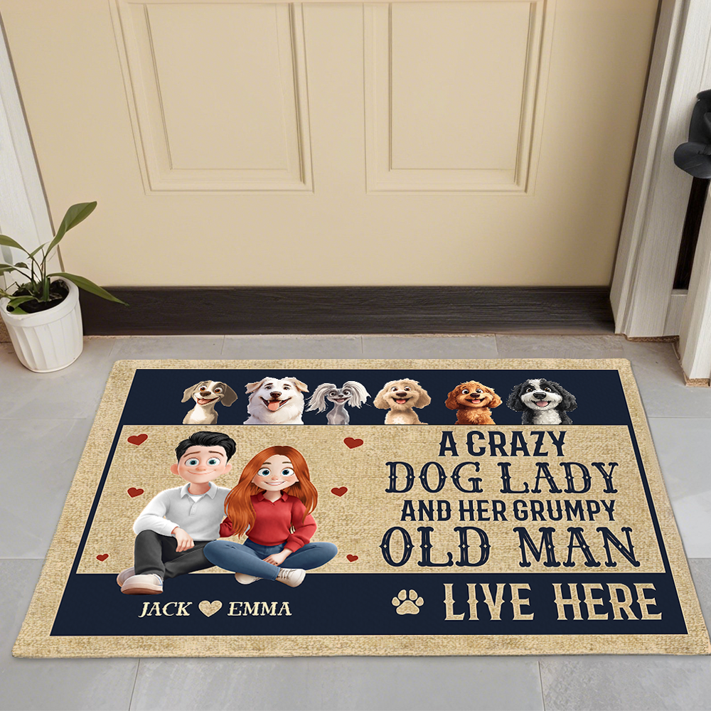 Custom Dog Lover Doormat – ‘A Crazy Dog Lady & Her Grumpy Old Man Live ...