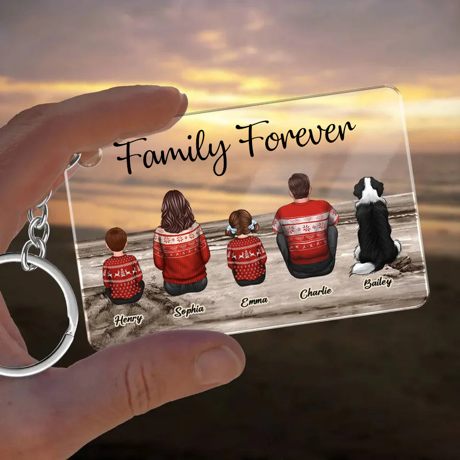 Beach Landscape Family Sitting Back View - Personalized Keychain or Po ...