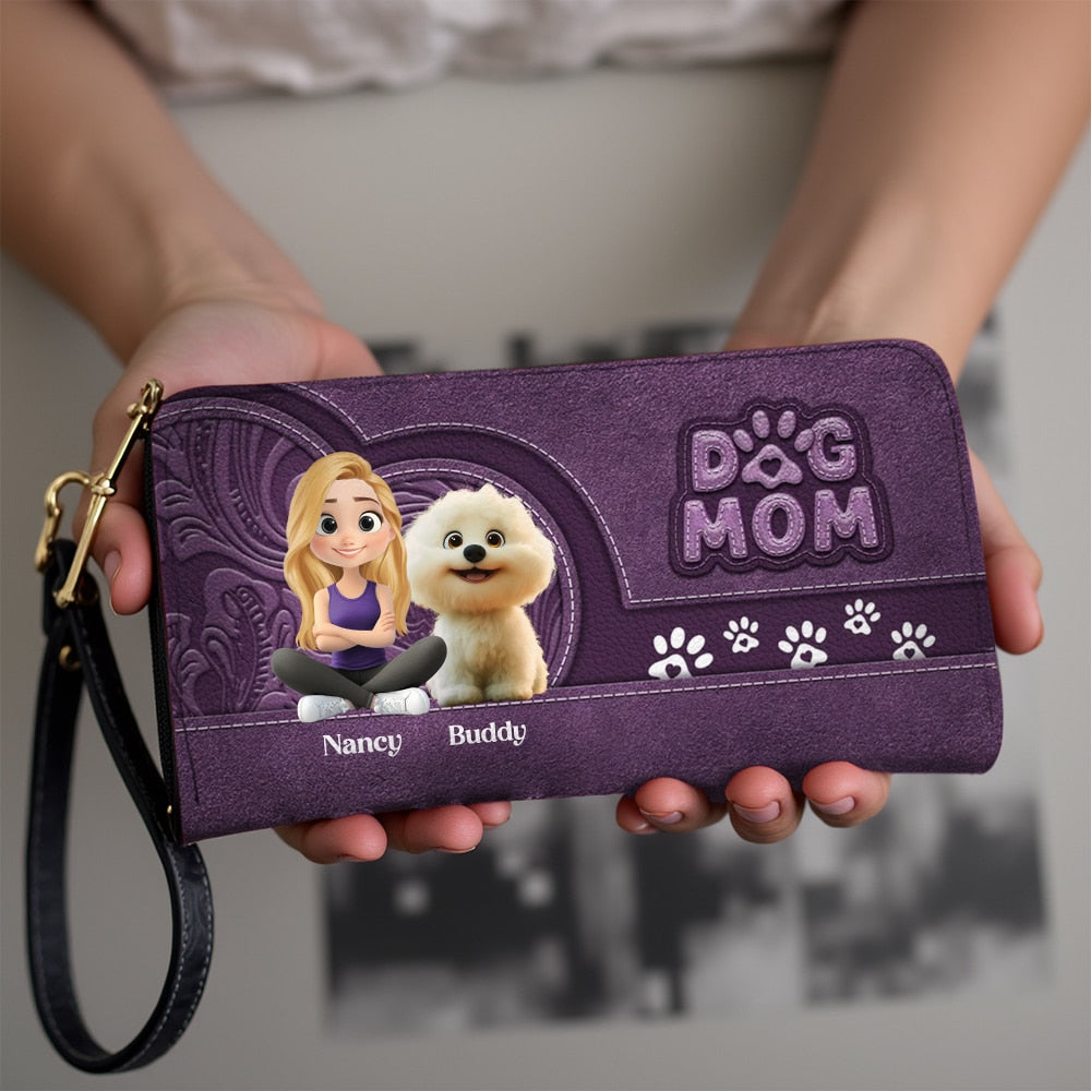 Custom Leather Long Wallet for Dog Moms – Adorable Pet Illustration wi ...