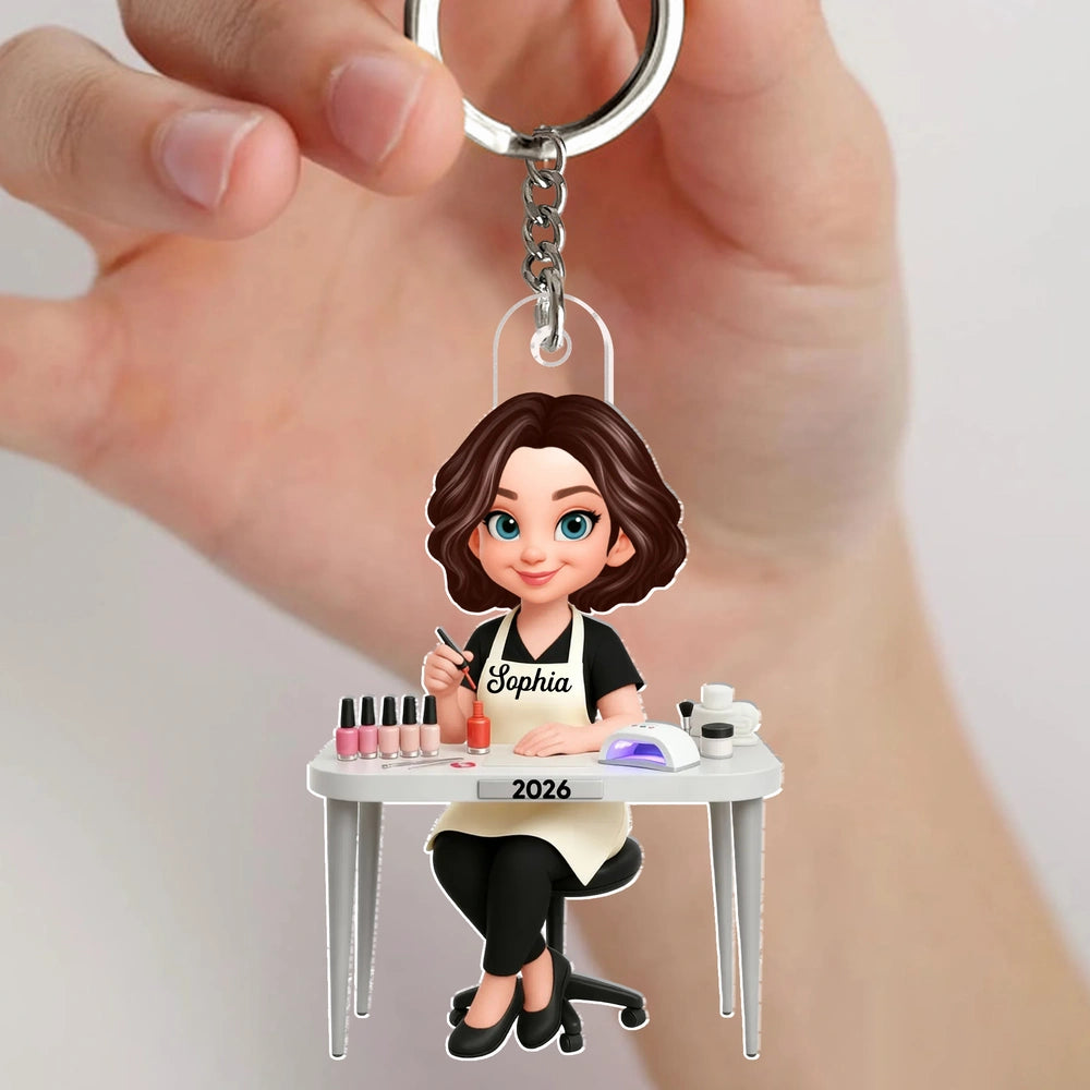 Personalized Nail Technician Acrylic Keychain, Cute Salon Desk Cartoon ...