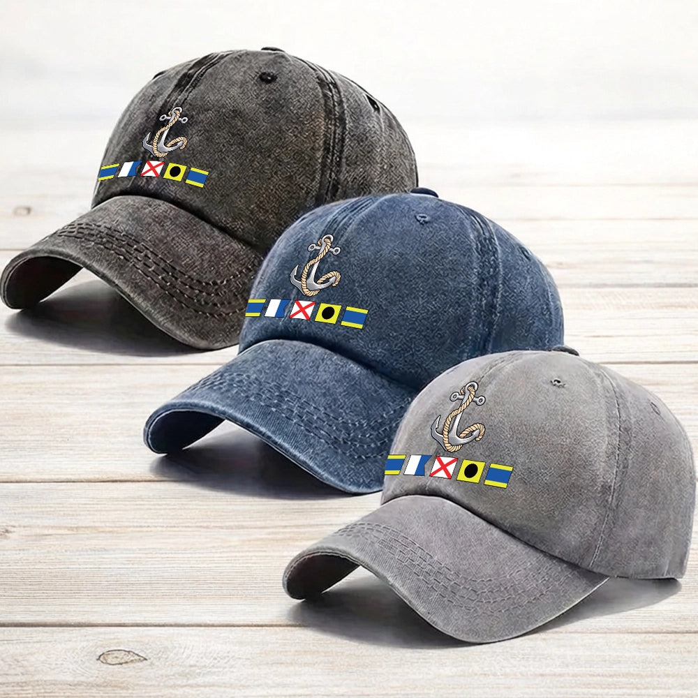 Washed Denim Baseball Cap with Boat Anchor and Nautical Flags - Coasta ...