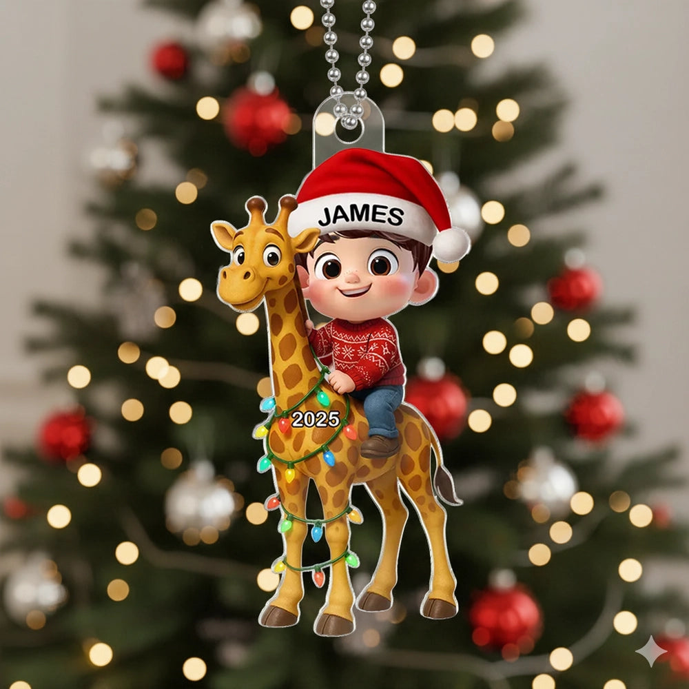 Cute Acrylic Ornament of Boy with Giraffe, Holiday Cheer, Gift-Ready K ...