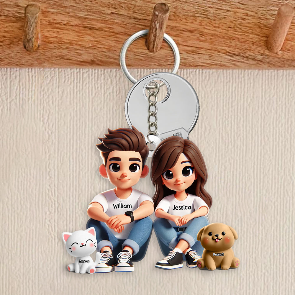 Personalized Acrylic Keychain – Cute Couple Cartoon Keychain with Name ...