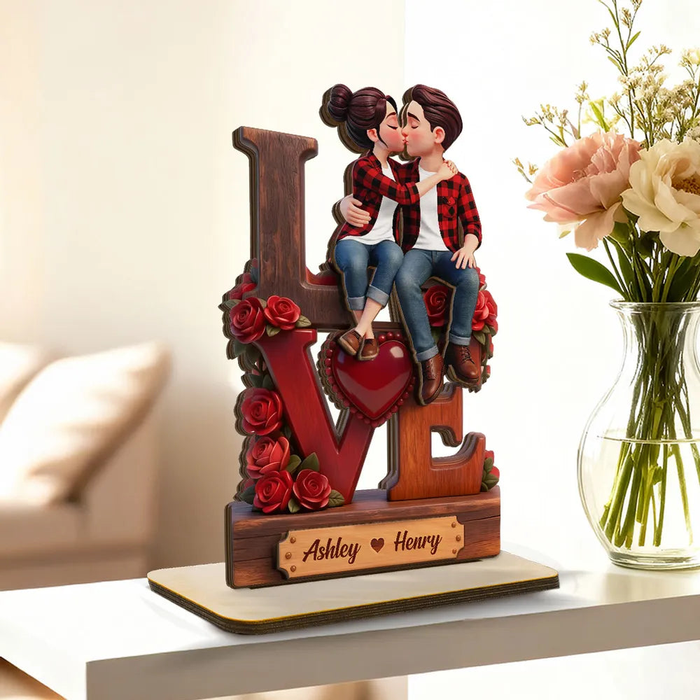 2-Layer Wooden Plaque with Kissing Couple on LOVE and Red Roses - Pers ...