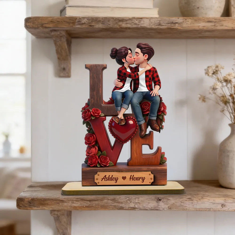 2-Layer Wooden Plaque with Kissing Couple on LOVE and Red Roses - Pers ...