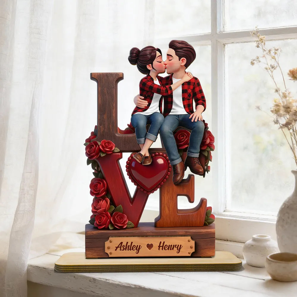 2-Layer Wooden Plaque with Kissing Couple on LOVE and Red Roses - Pers ...