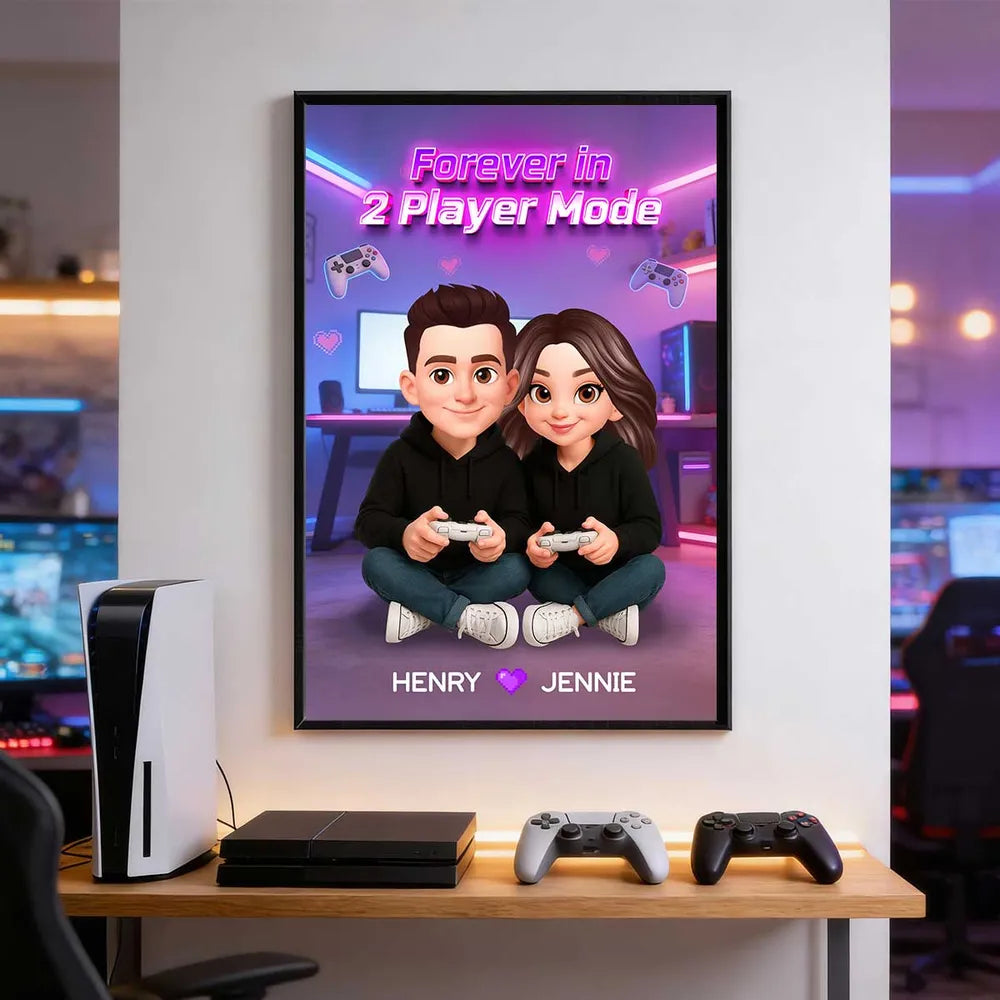 Personalized Gamer Couple Poster Forever in 2 Player Mode Neon Game Ro ...