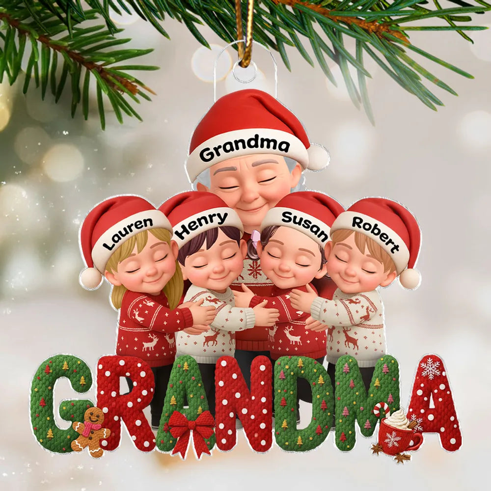 Grandma & Grandkids Acrylic Ornament, Santa Hats Hugging Design, Chris ...