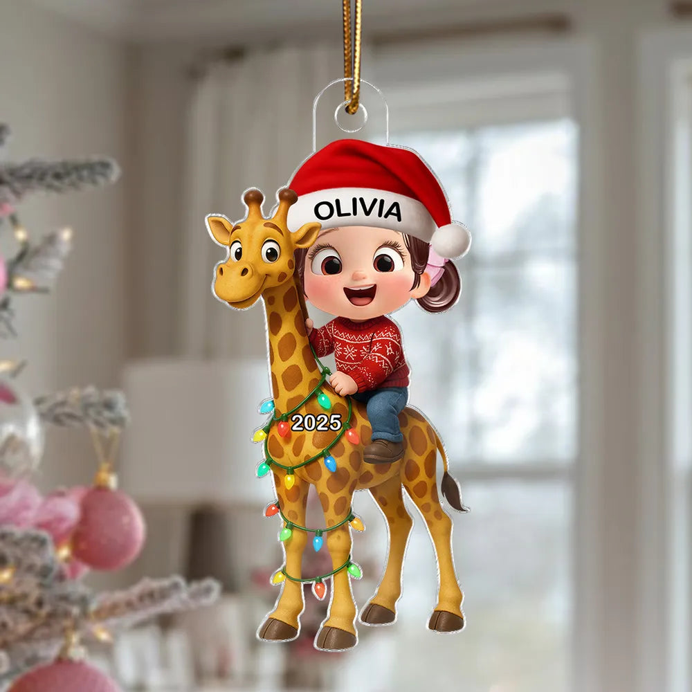 Cute Acrylic Ornament of Boy with Giraffe, Holiday Cheer, Gift-Ready K ...