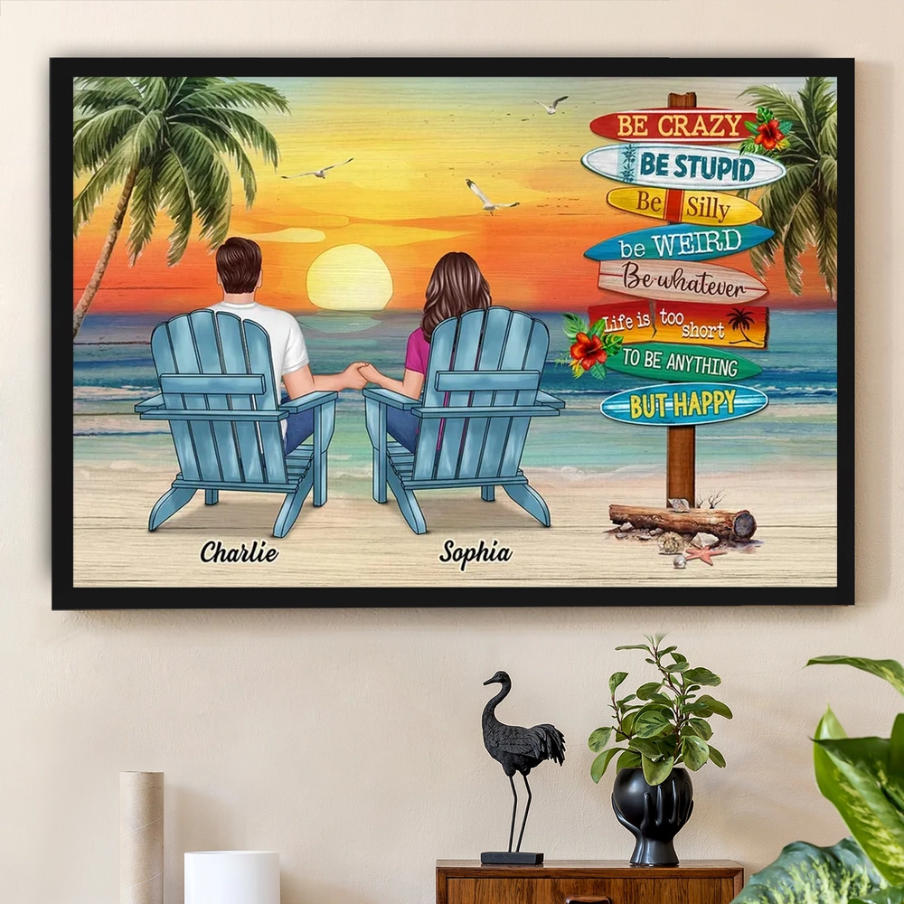 Personalized Beach Sunset Couple Poster, Holding Hands in Adirondack C ...