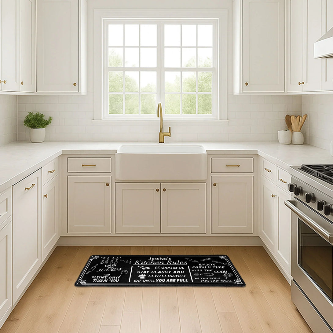 Personalized Kitchen Rules Standard Doormat, Black White Quote Style f ...