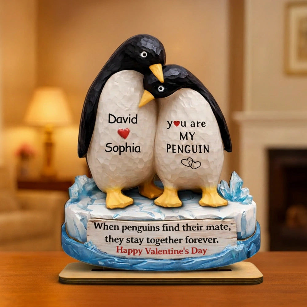 Personalized 2-Layer Wooden Plaque Penguin Couple Hugging for Valentin ...