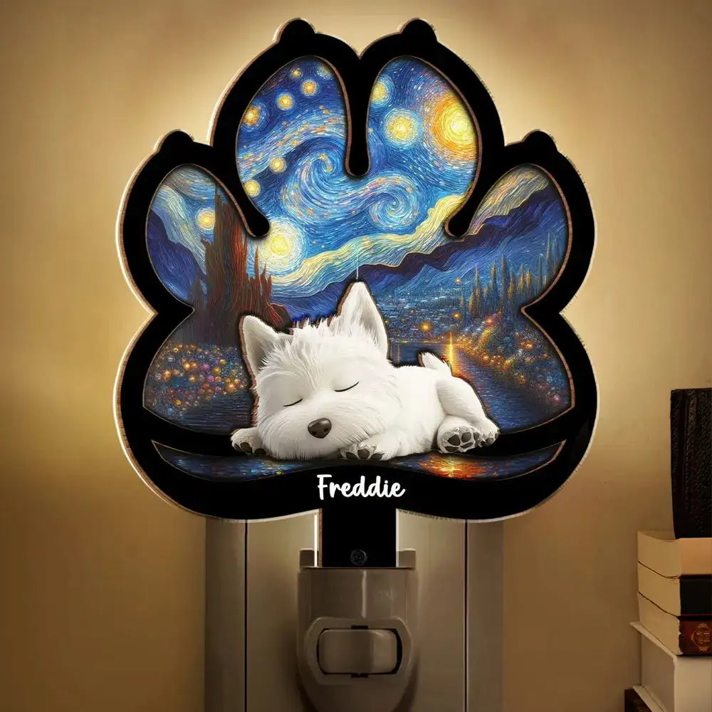 Starry Night Dog Acrylic and Wood Night Light, Cozy Pet-Inspired Desig ...