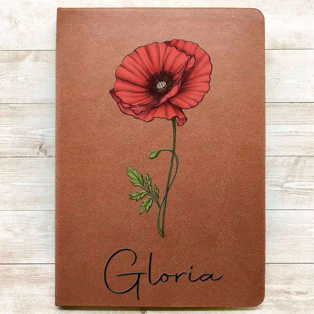 Personalized Leather Journal with Birth Month Flower Art, Custom Name ...