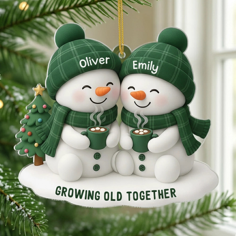 Acrylic Ornament Snowman Couple, hugging with hot cocoa for Christmas ...