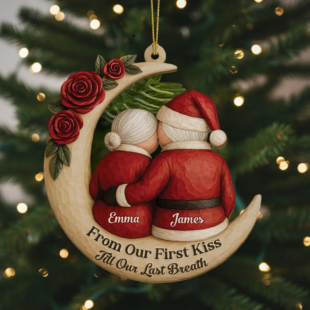 Wooden Ornament, crescent with roses and hugging Santa couple, cozy Ch ...