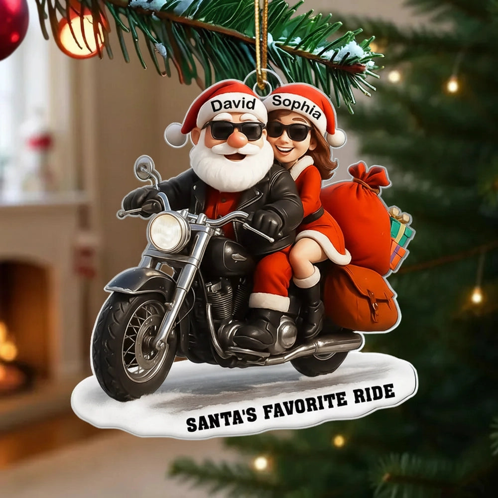 Acrylic Ornament Santa Biker Couple Ride, Christmas Tree Decor, Custom ...