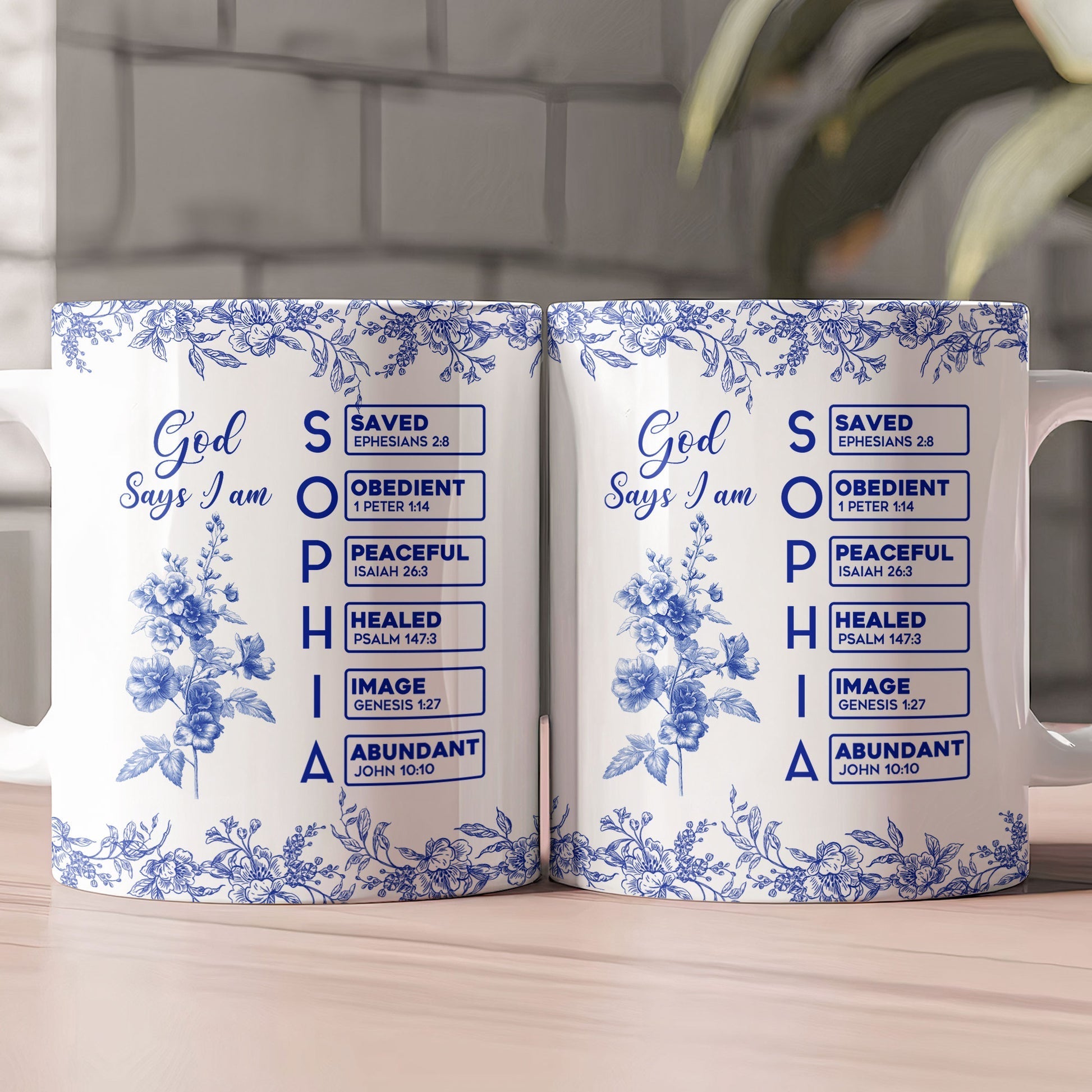 White Ceramic Mug with Bible Verses and Blue Floral Design, Faithful a ...