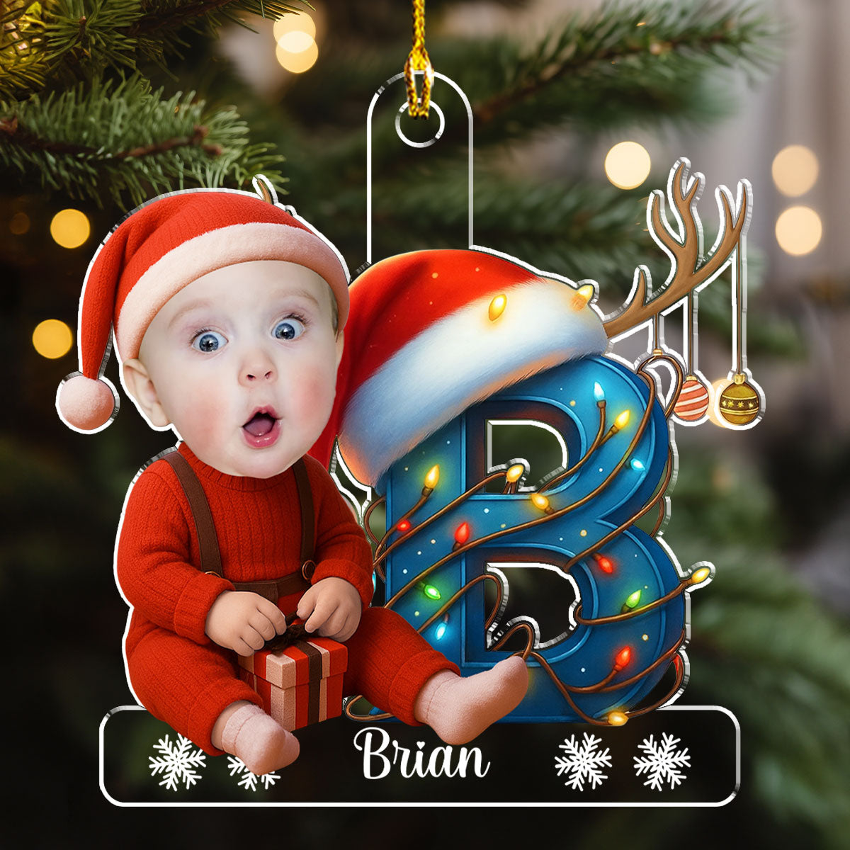 Christmas Acrylic Ornament - Photo Initial with Santa Hat & Lights, ea ...
