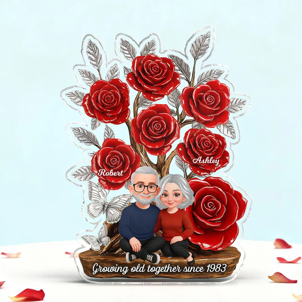 Personalized Shaped Acrylic Block Plaque with Red Rose Tree Couple Sit ...