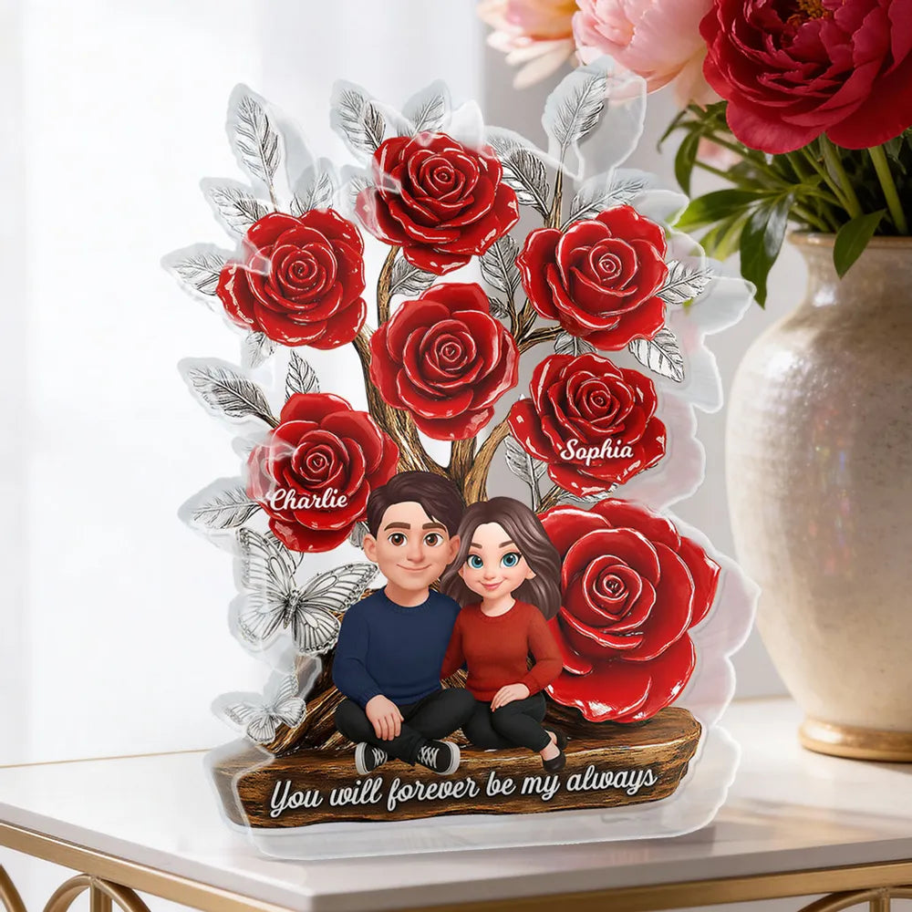 Personalized Shaped Acrylic Block Plaque with Red Rose Tree Couple Sit ...