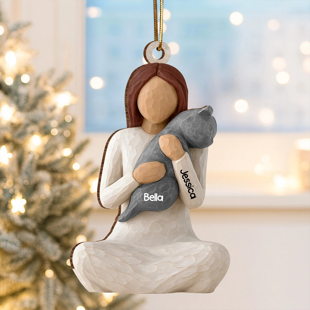 Wooden Ornament - Carved Figure Hugging a Cat, Winter Tree Decor, a un ...