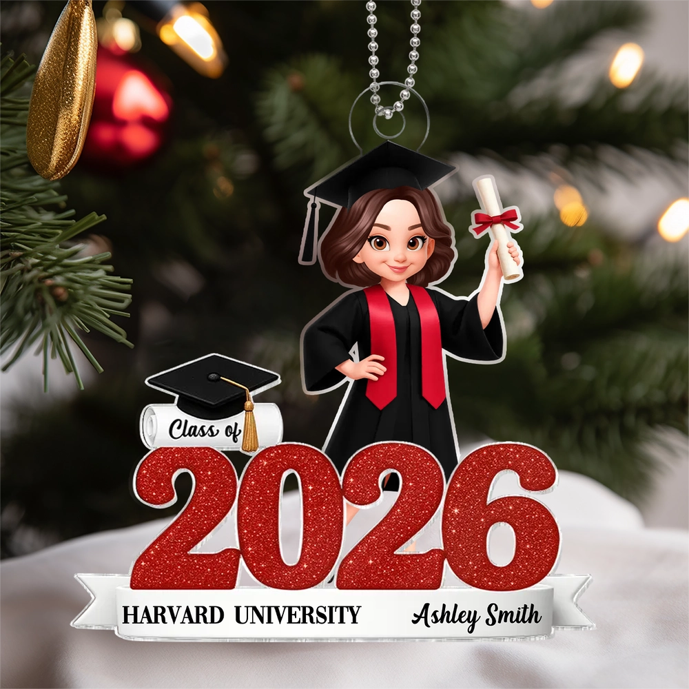 Graduation Acrylic Ornament, red glitter design with cap & diploma, ce ...