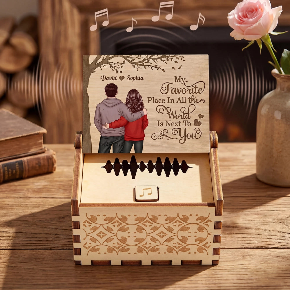 Personalized Wooden Music Box with Couple Hugging Back View Romantic K ...