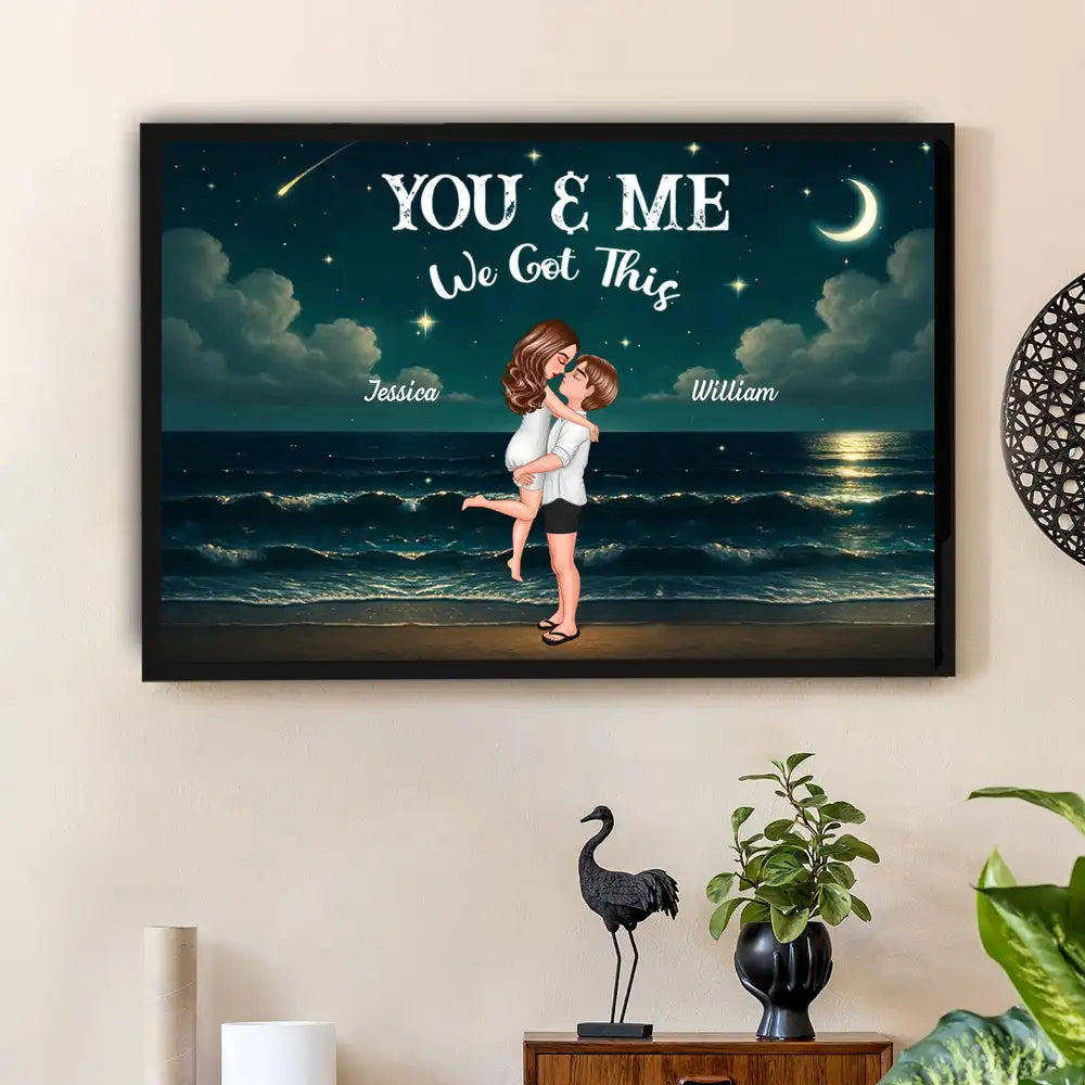 Personalized Night-Sky Canvas – “You & Me” Quote, Cartoon Hug on Waves ...