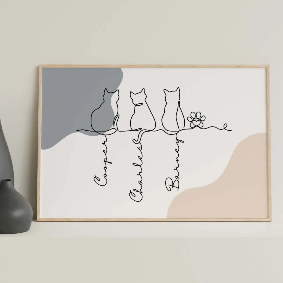 Personalized Cat Lover Poster with Minimal Line Art Cats, Custom Wall ...